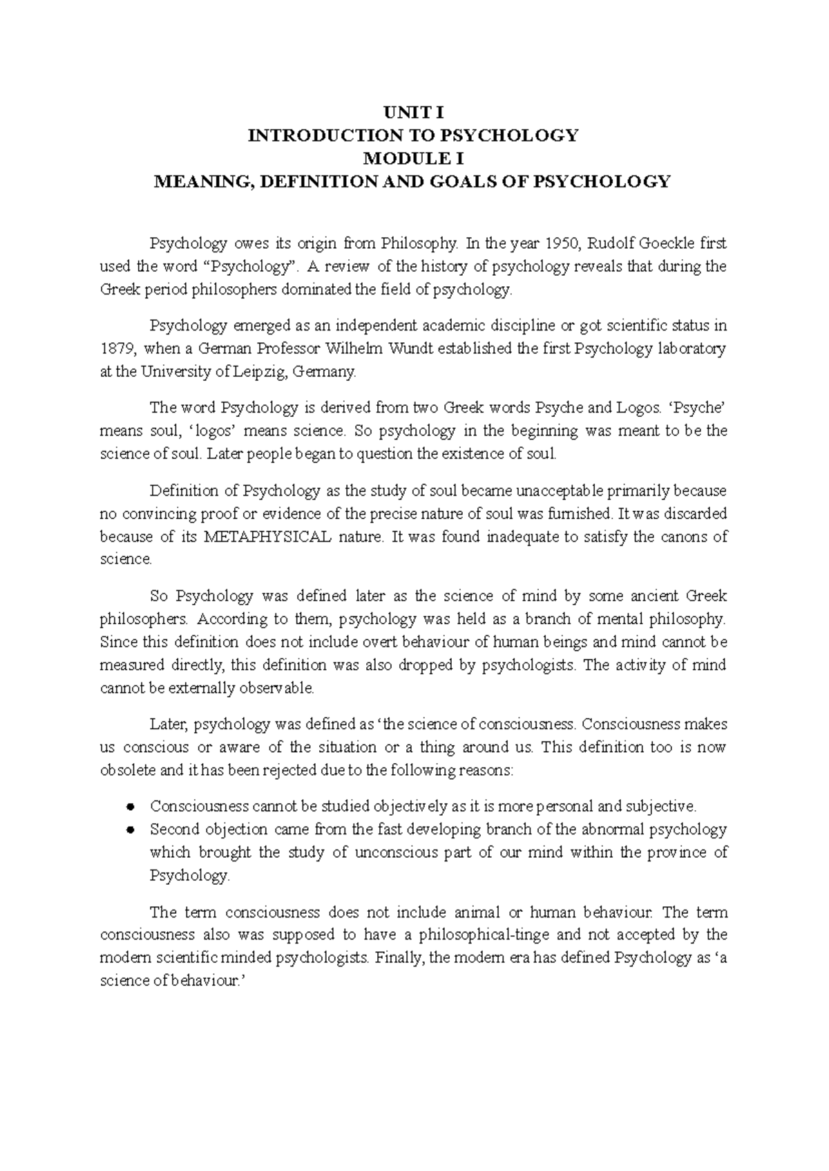 SEM 1 INTRO TO PSYCHOLOGY - UNIT I INTRODUCTION TO PSYCHOLOGY MODULE I ...