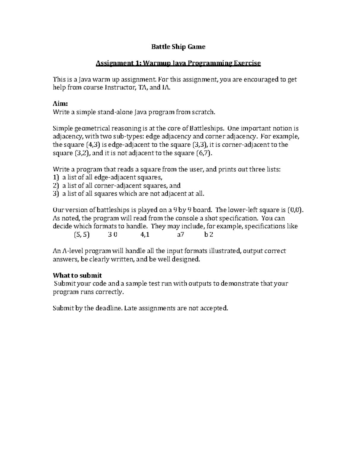 CS-3331 - Assignment 1 - Java Warmup - Spring 2021 - Battle Ship Game ...