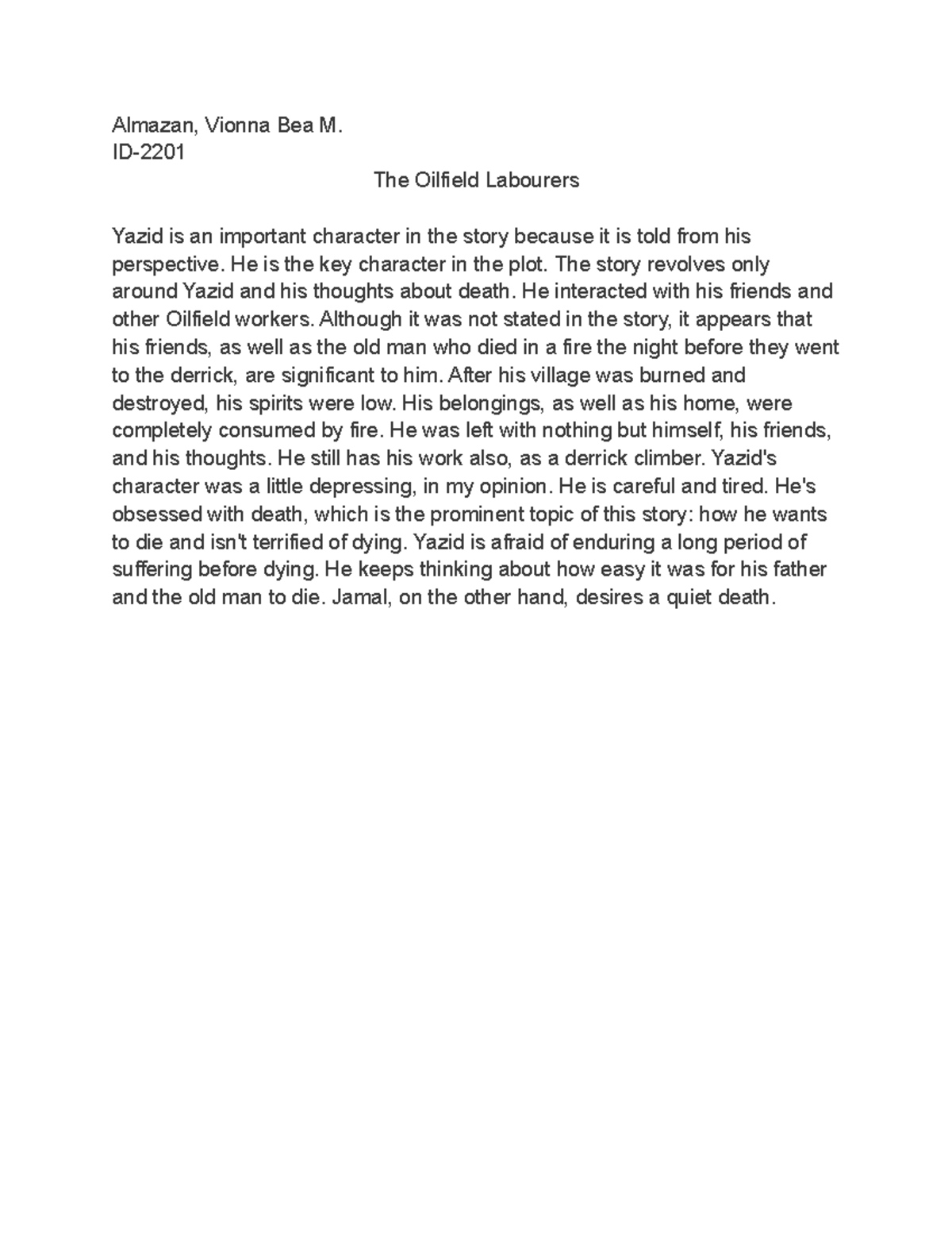 The Oilfield Labourers - Brunei Literature - Almazan, Vionna Bea M. ID ...