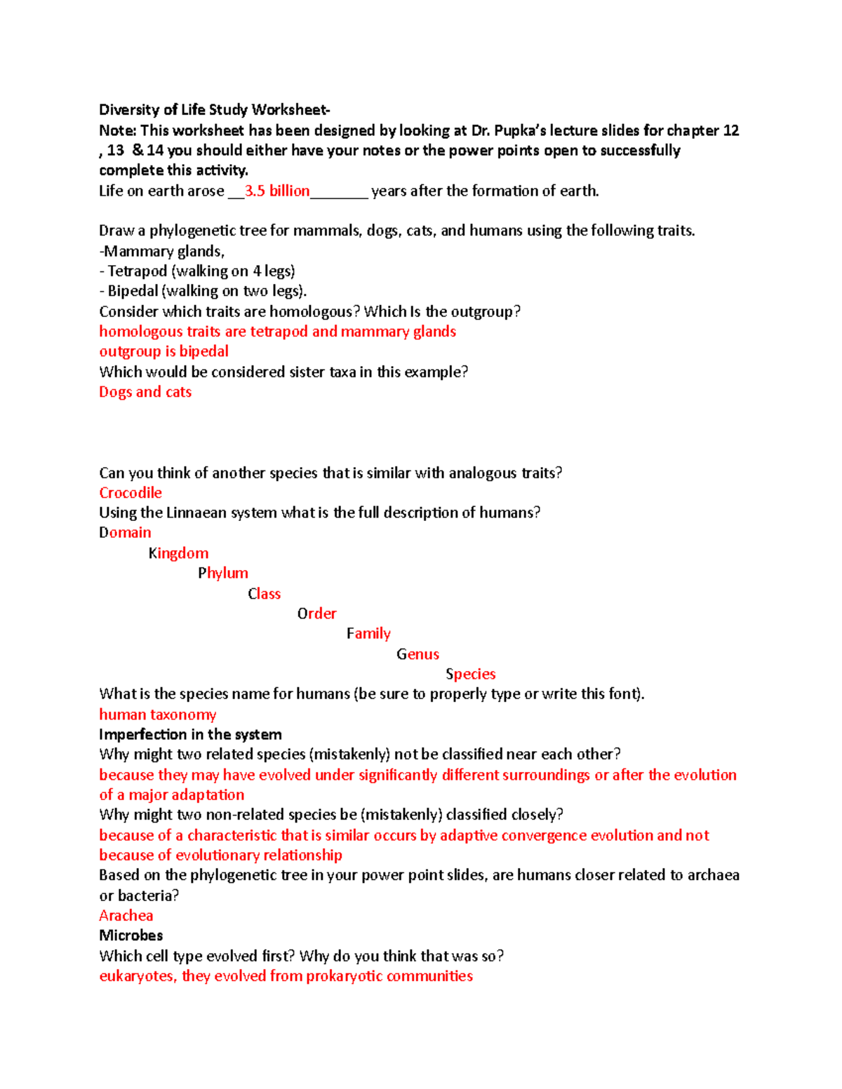 Diversity of Life Study Worksheet - Pupka’s lecture slides for chapter ...