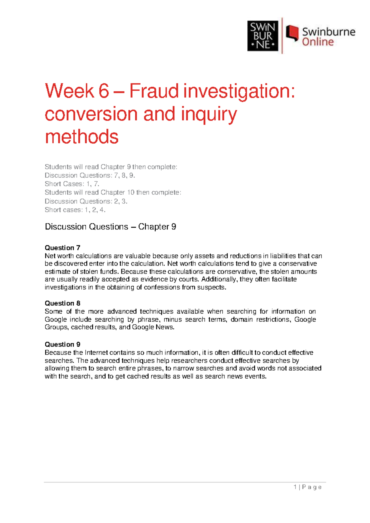 ACC30003 Week 6 Solutions - Week 6 – Fraud investigation: conversion ...