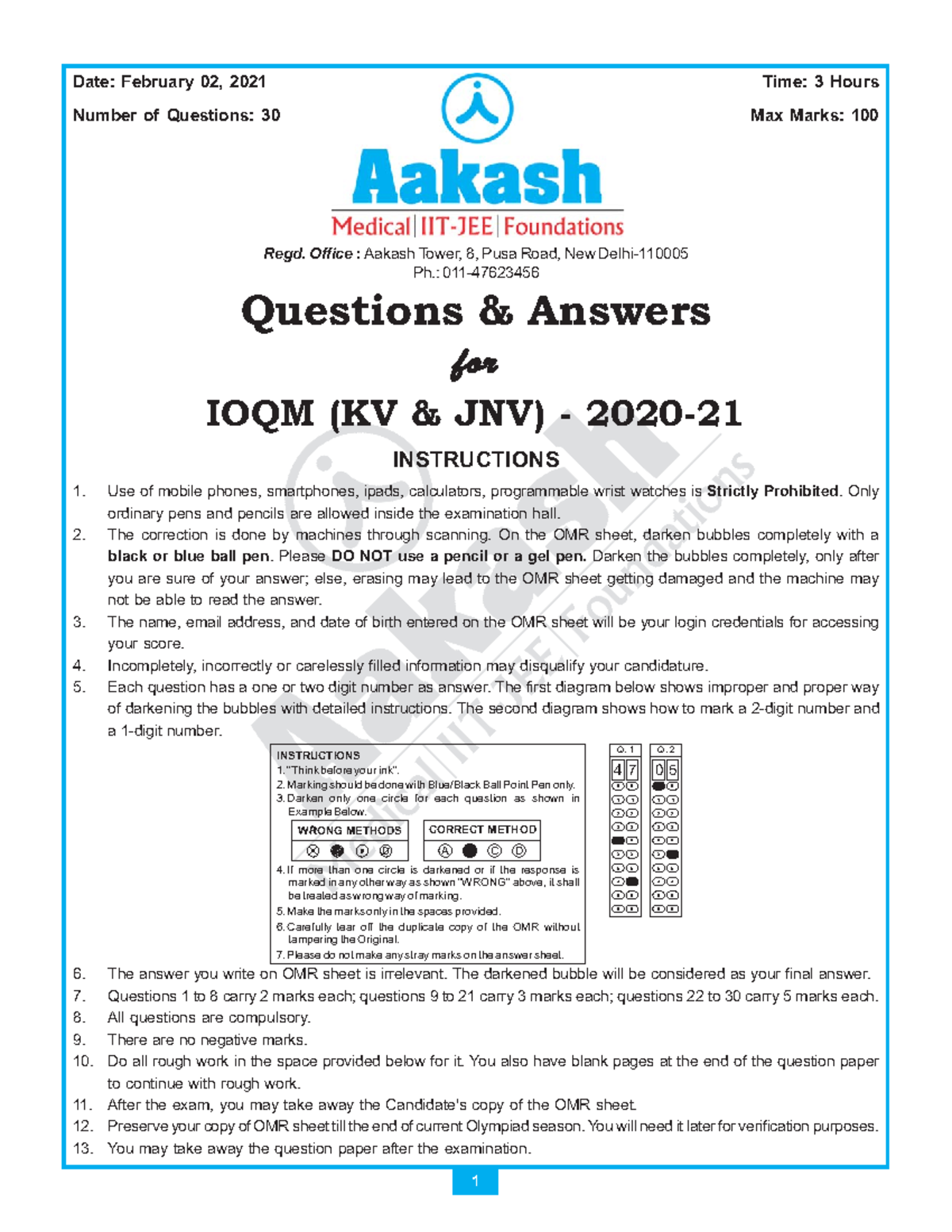 IOQM-2021 (02-02-2021) - Que & Ans (KV & JNV) - Regd. Office : Aakash ...