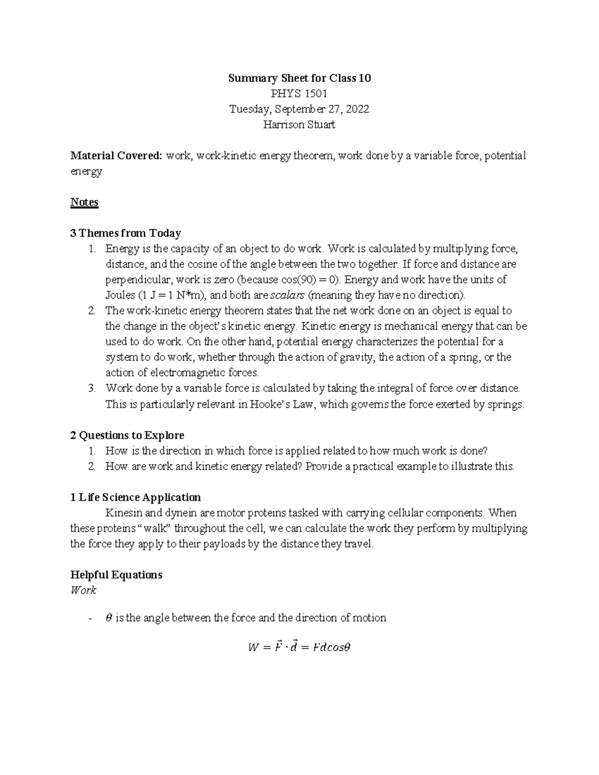 Lecture 9/27/22 - Summary Sheet for Class 10 PHYS 1501 Tuesday ...