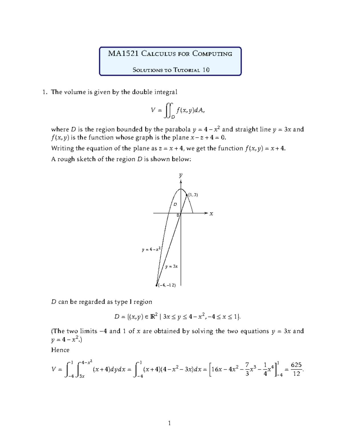 MA1521 Solution 10 - nil - MA1521 Calculus for Computing Solutions to Tutorial 10 1. The volume ...