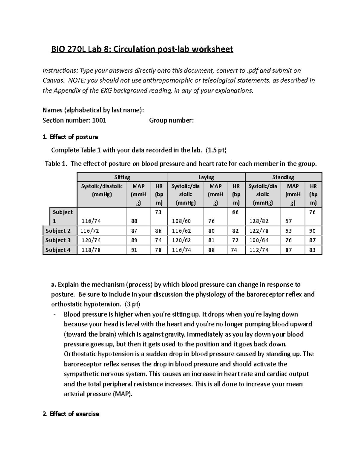 BIO 270 L Lab 8 Circulation post-lab worksheet - BIO 270L Lab 8: Circulation post-lab worksheet ...