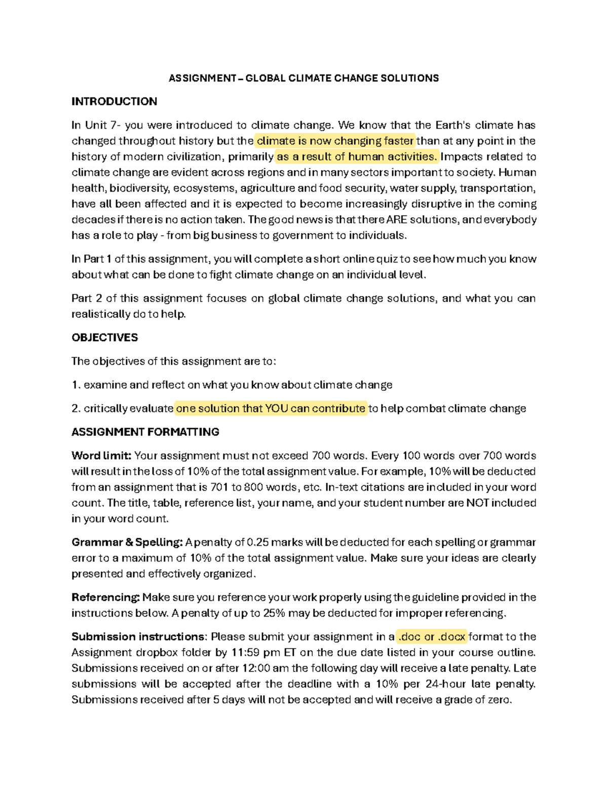 BIOL1500 INTRODUCTION - ASSIGNMENT – GLOBAL CLIMATE CHANGE SOLUTIONS ...