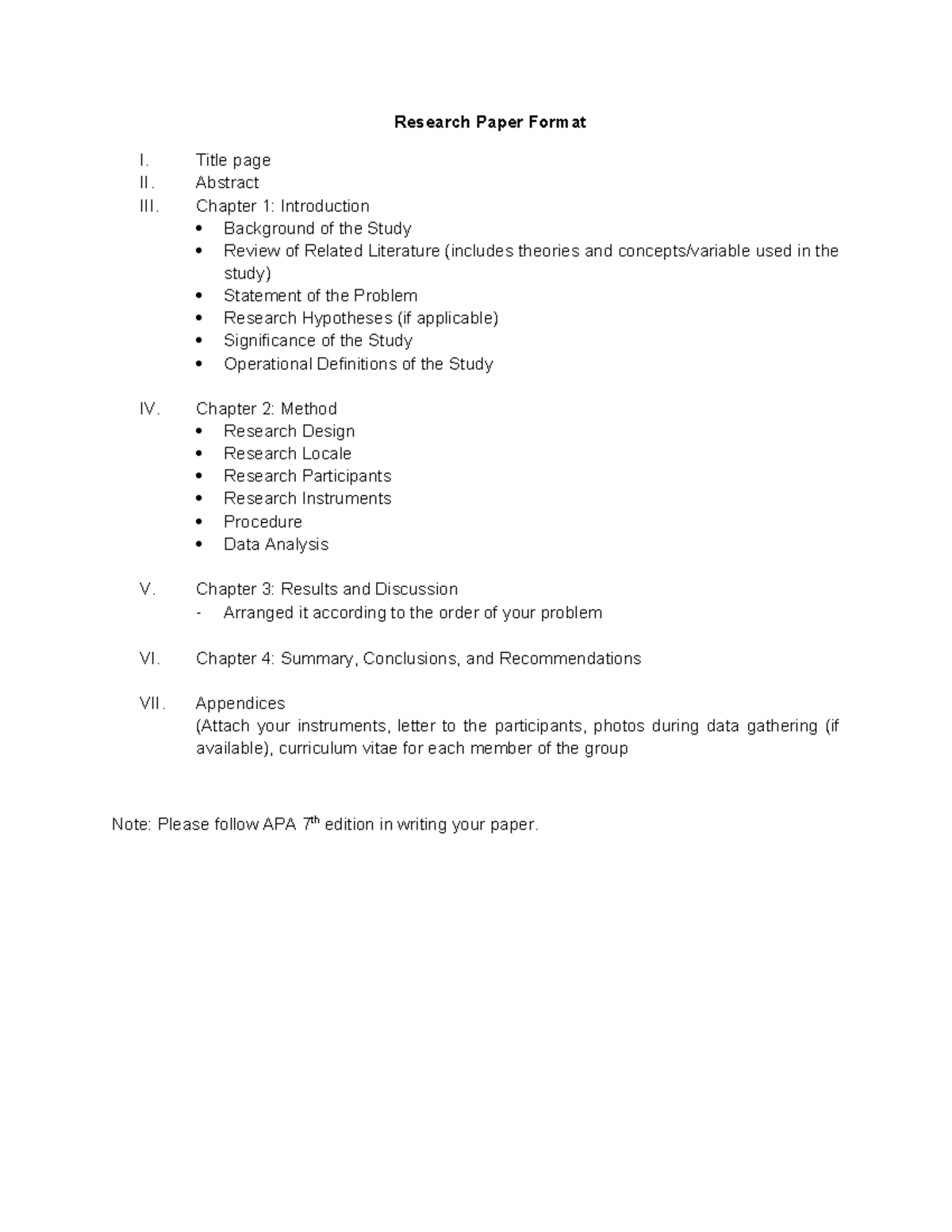 Format for Research Paper - Research Paper Format I. Title page II ...