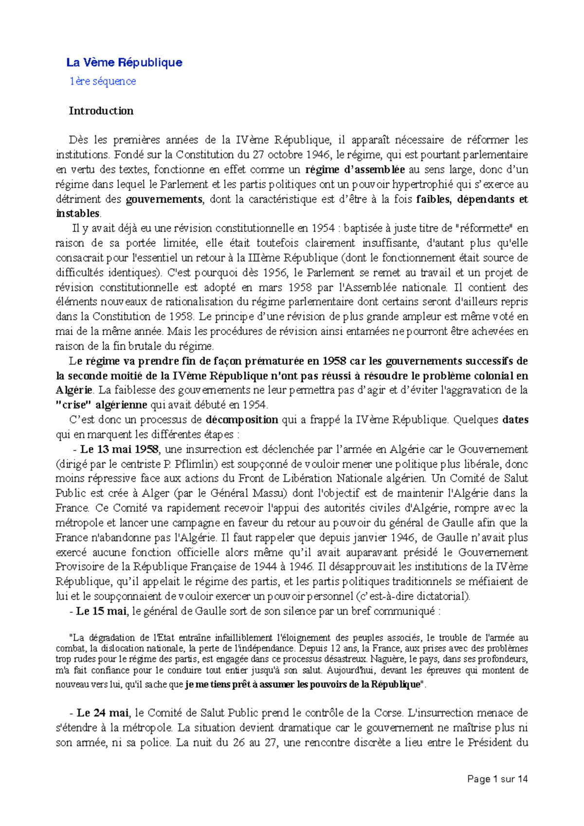 1ère séquence - 2023 - cours cm - La Vème République 1ère séquence ...