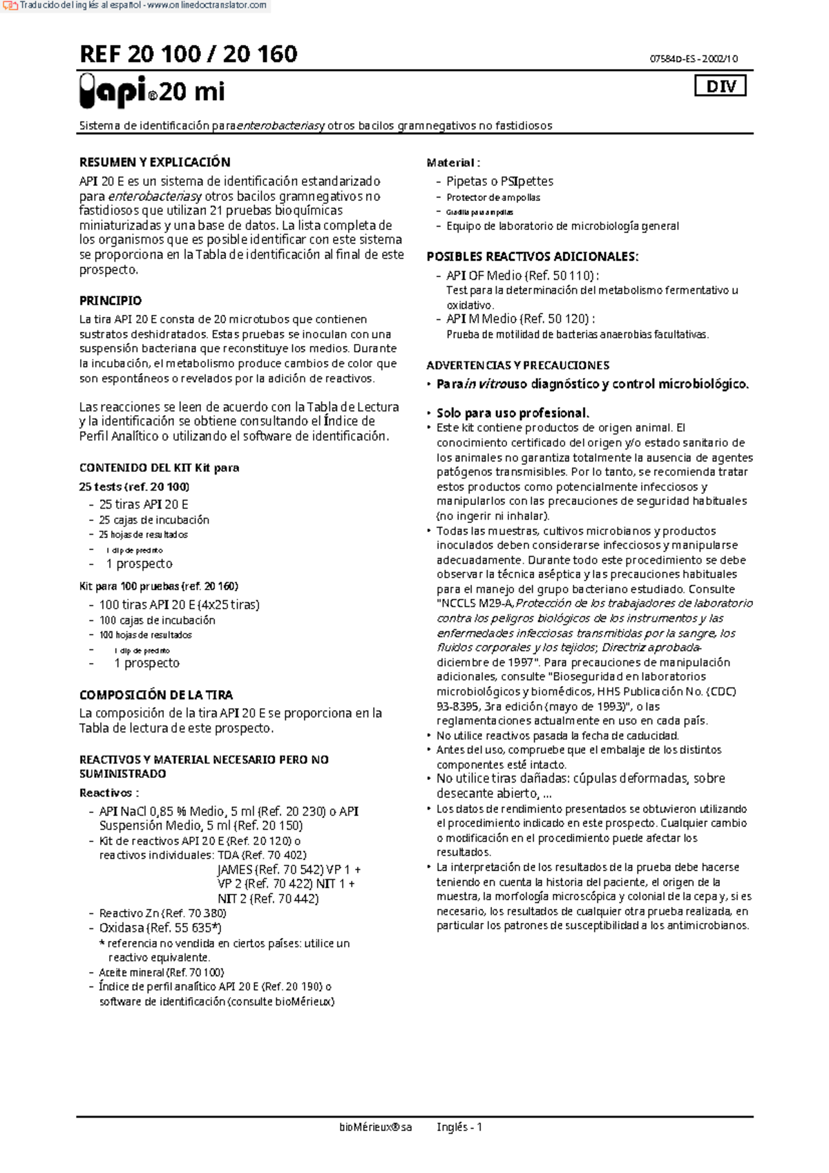 Api20E 1 Inserto Api 20E 1 REF 20 100 20 160 07584 D ES 2002