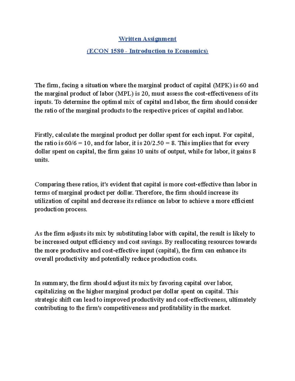 Written assignment unit 3 - Written Assignment (ECON 1580 ...