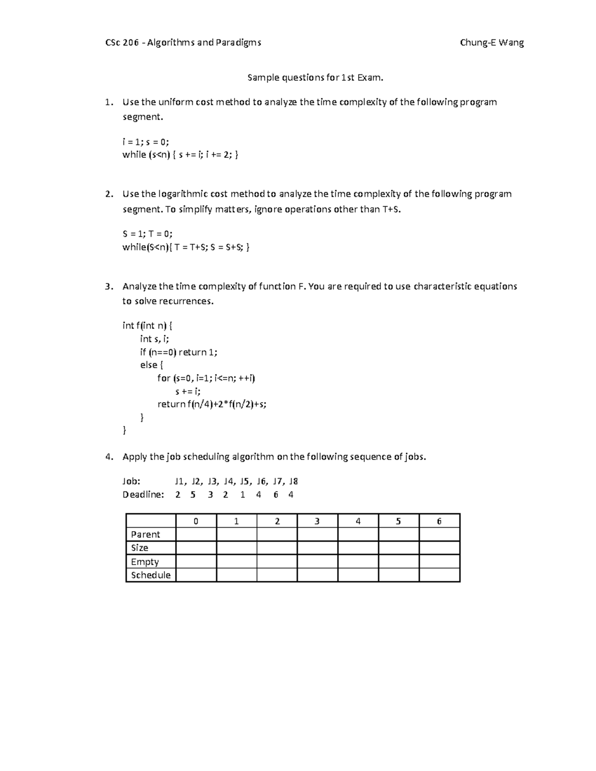 Sample Qs Warning Tt Undefined Function 32 Csc 206 Algorithms And Paradigms Chung E Wang
