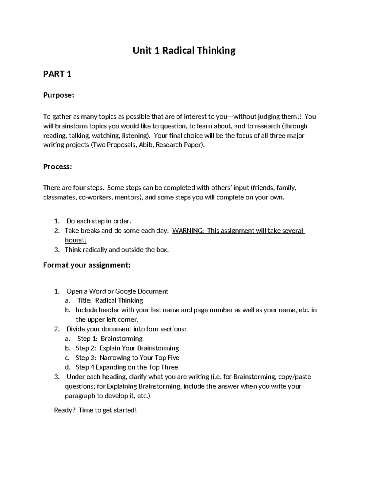 Unit 1 Radical Thinking - Unit 1 Radical Thinking PART 1 Purpose: To gather as many topics as ...