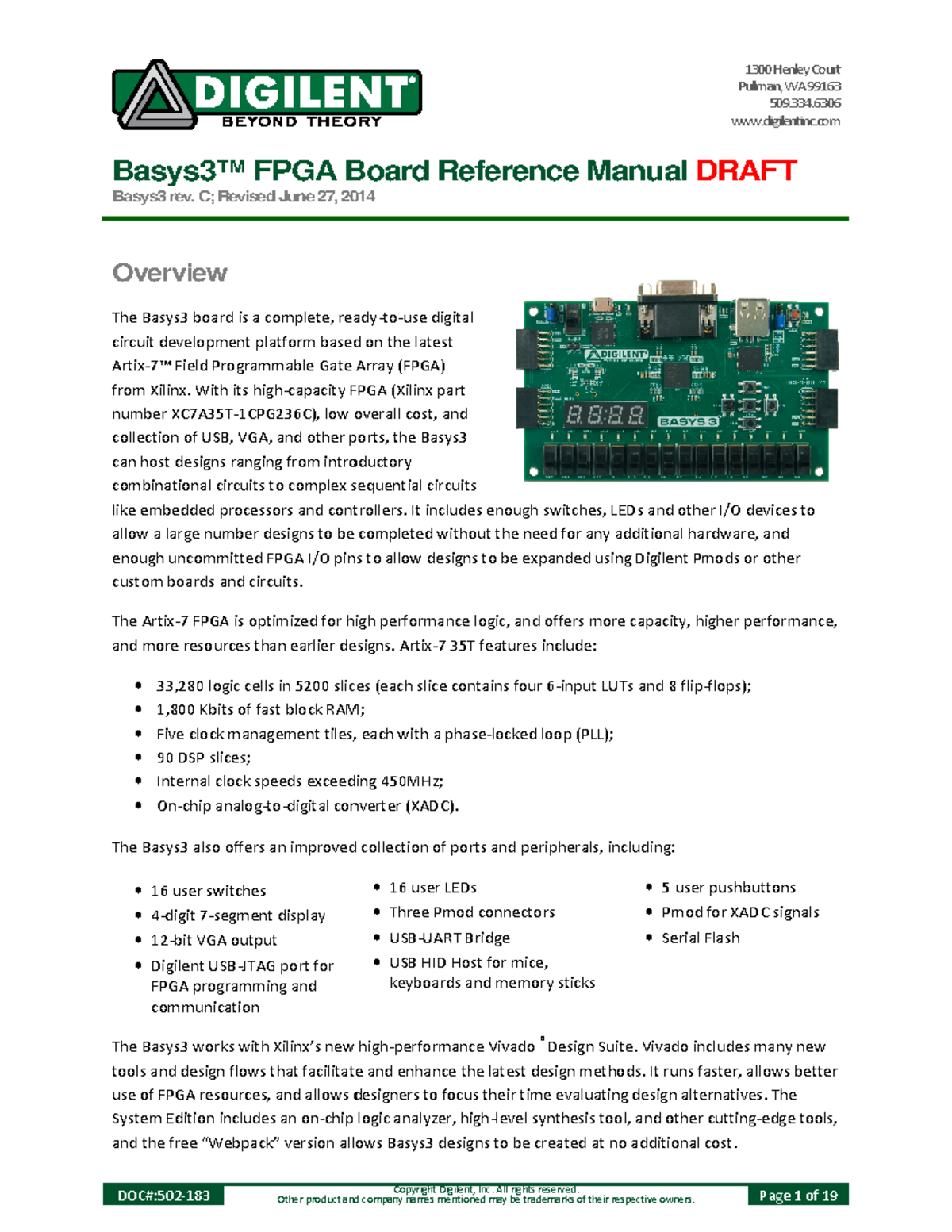Basys 3 Manual de Referencia - Basys3™ FPGA B Basys3 rev. C; Revised June 27, 20 DOC#:502-183 ...