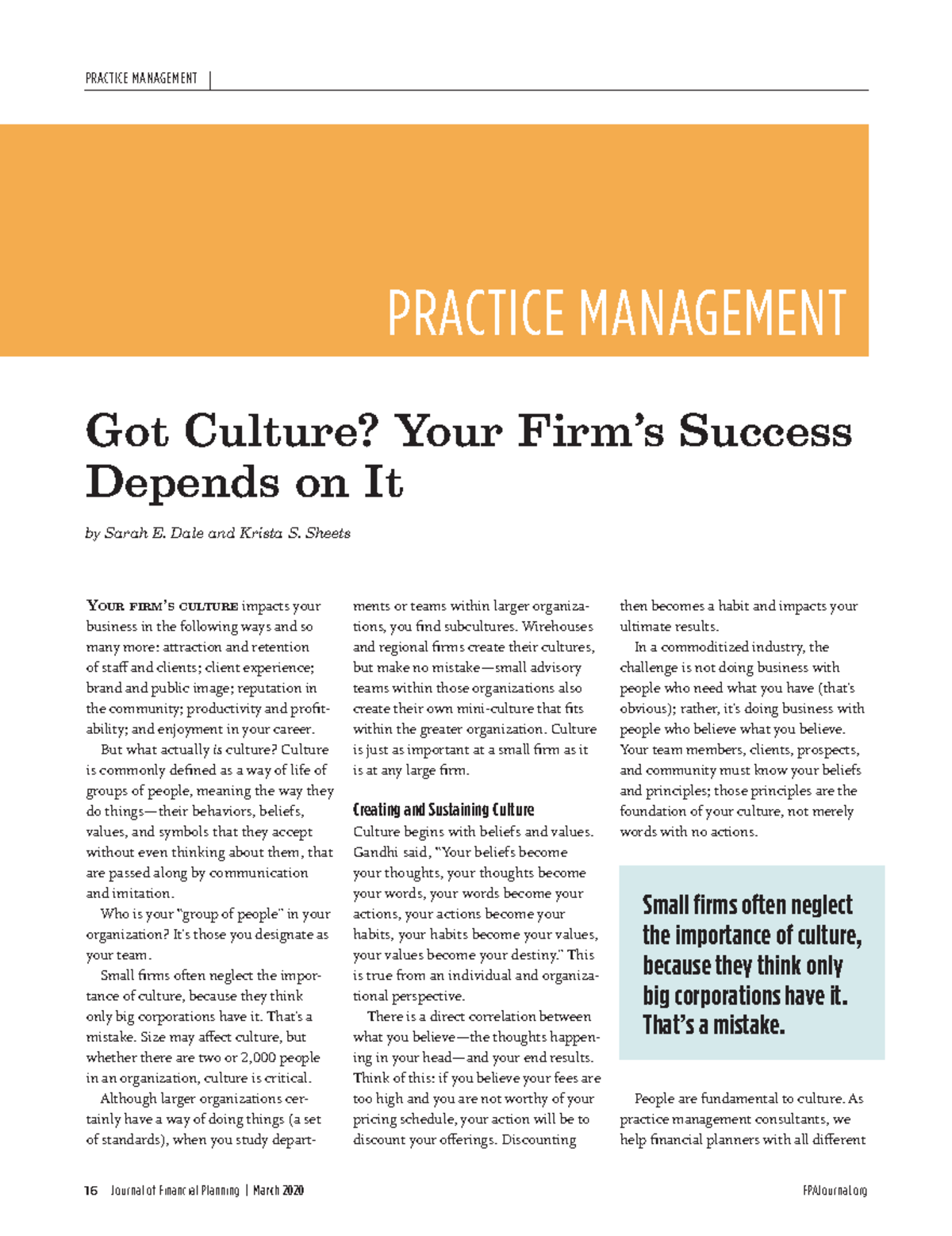 Culture - lect - PRACTICE MANAGEMENT 16 Journal of Financial Planning ...
