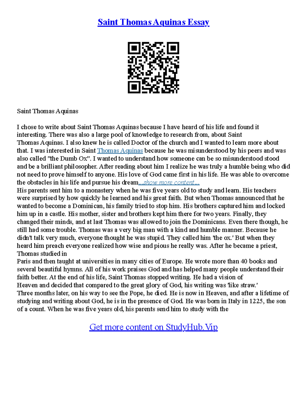 Thomas Aquinas Essay - Saint Thomas Aquinas Essay Saint Thomas Aquinas ...