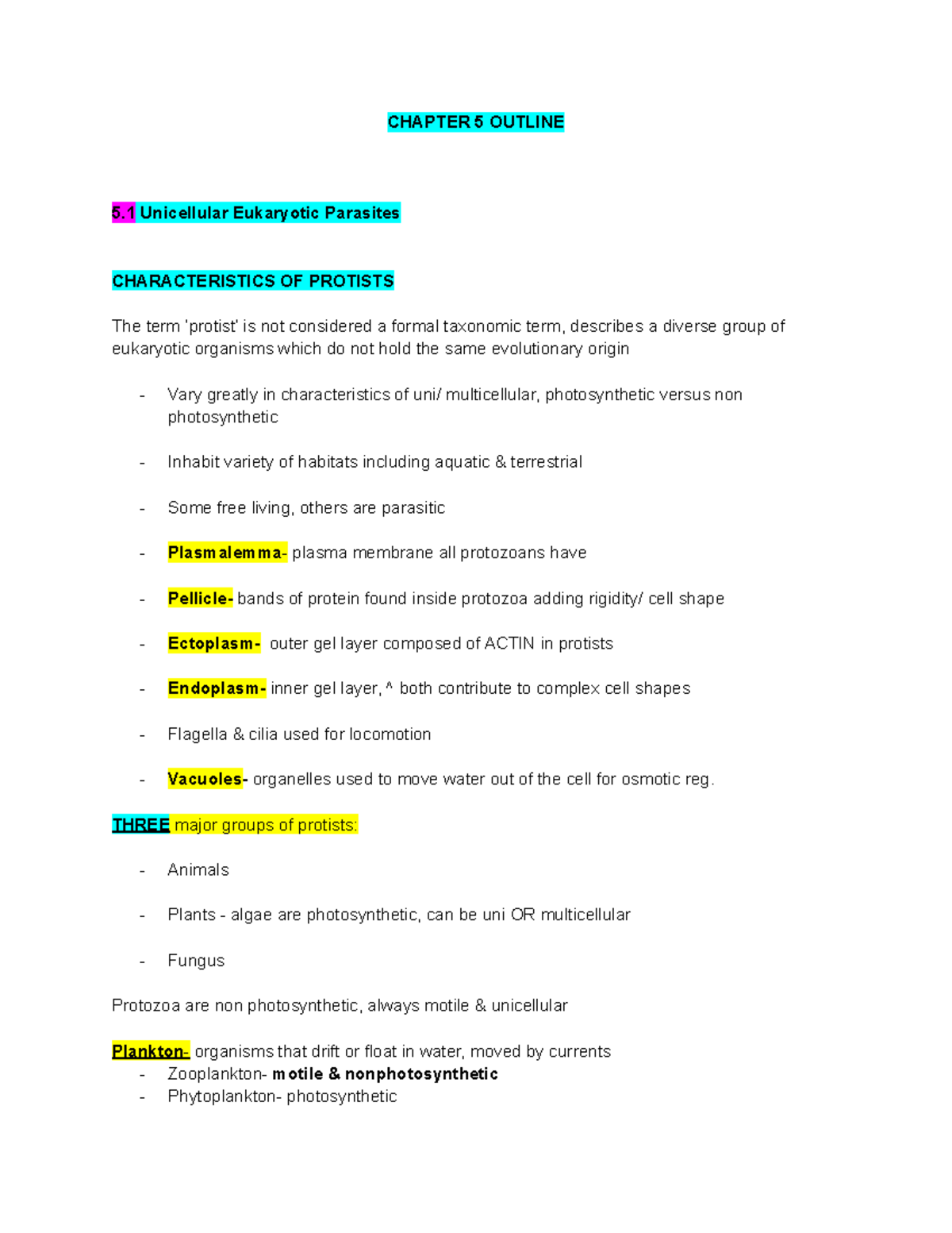 Micro CH 5 Outline - CHAPTER 5 OUTLINE 5 Unicellular Eukaryotic ...