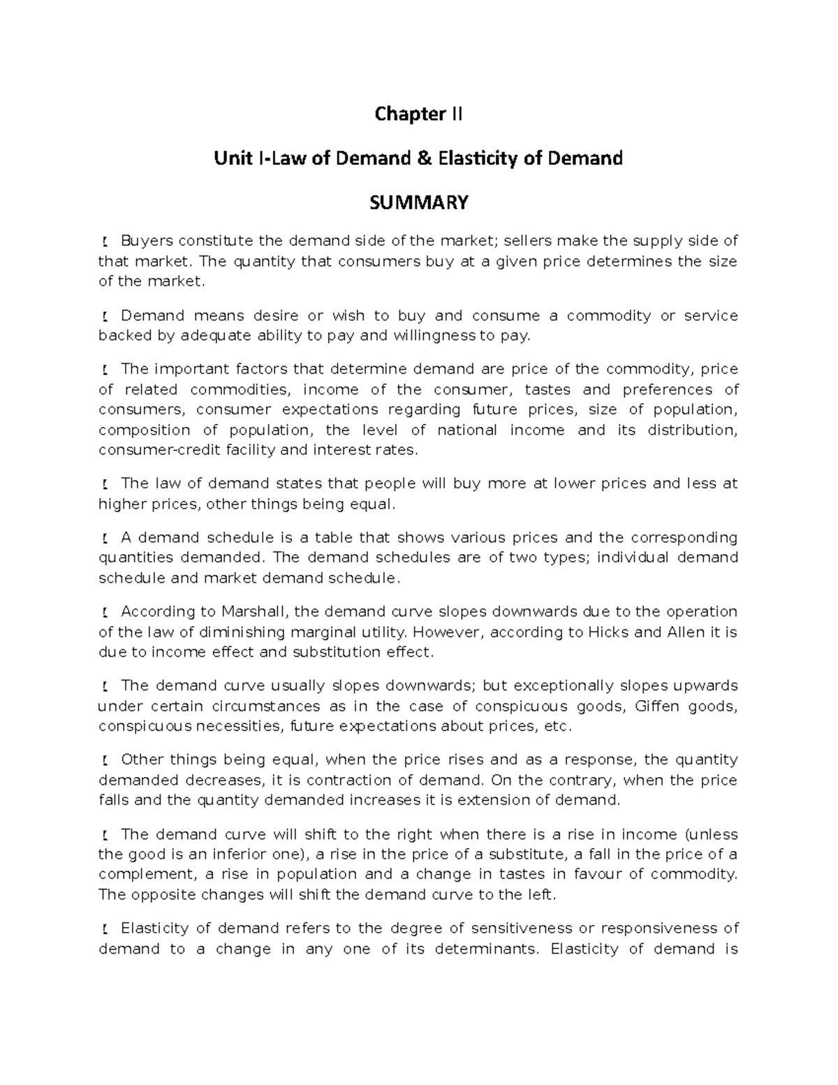 Chapter II- unit I summary - Chapter II Unit I-Law of Demand ...