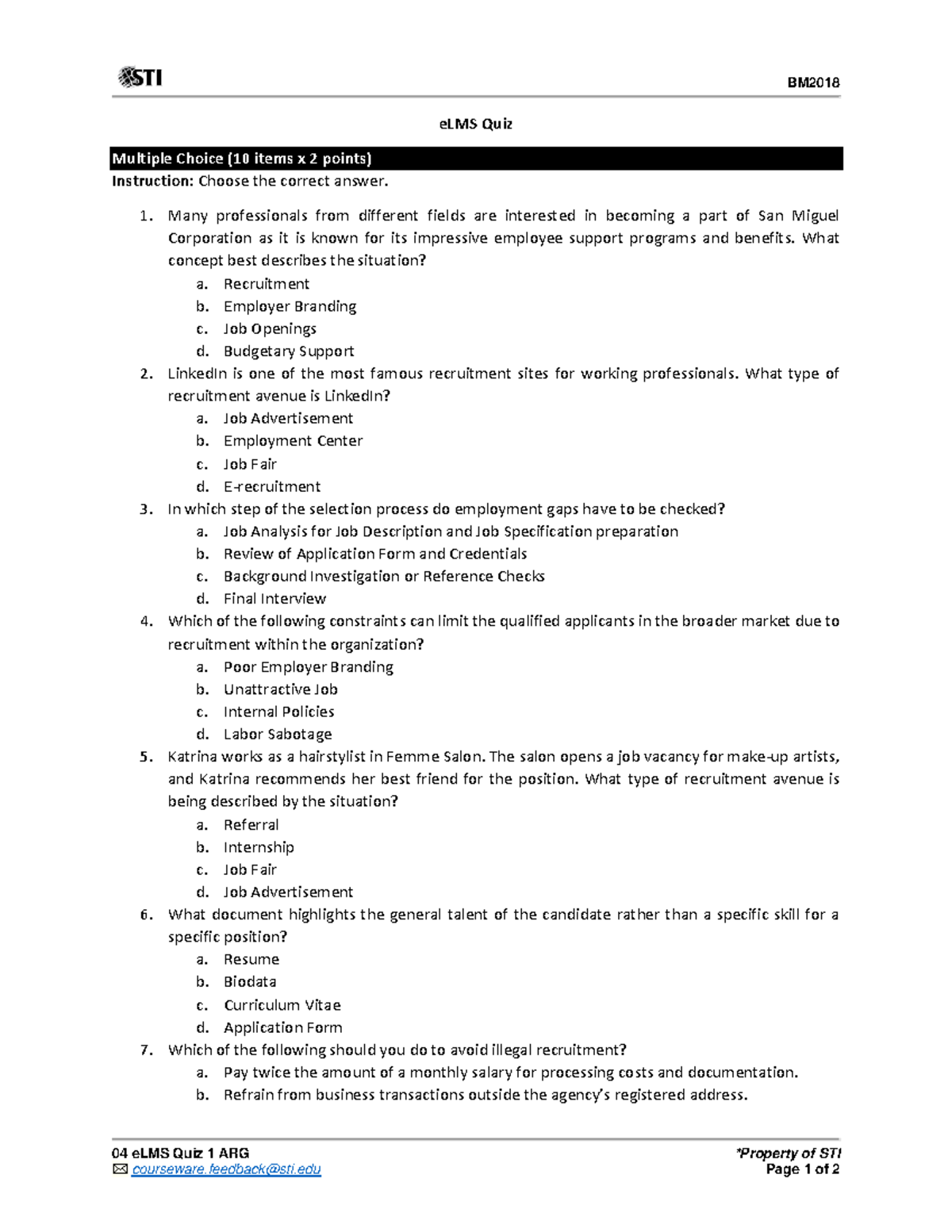 04 E Lms Quiz 1 Arg Life Is Not A Race Bm 04 Elms Quiz 1 Arg Property Of Sti Coursewaresti 
