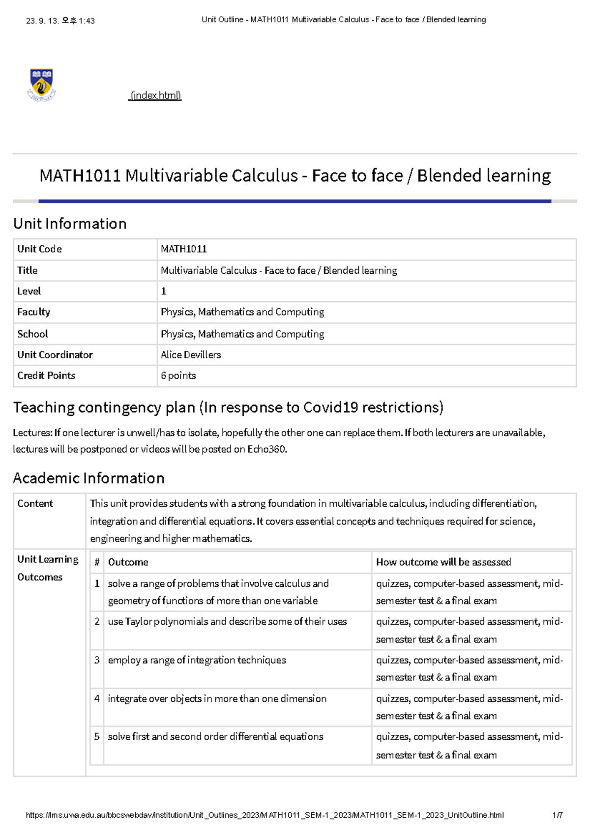 Unit Outline - MATH1011 Multivariable Calculus - Face to face Blended ...