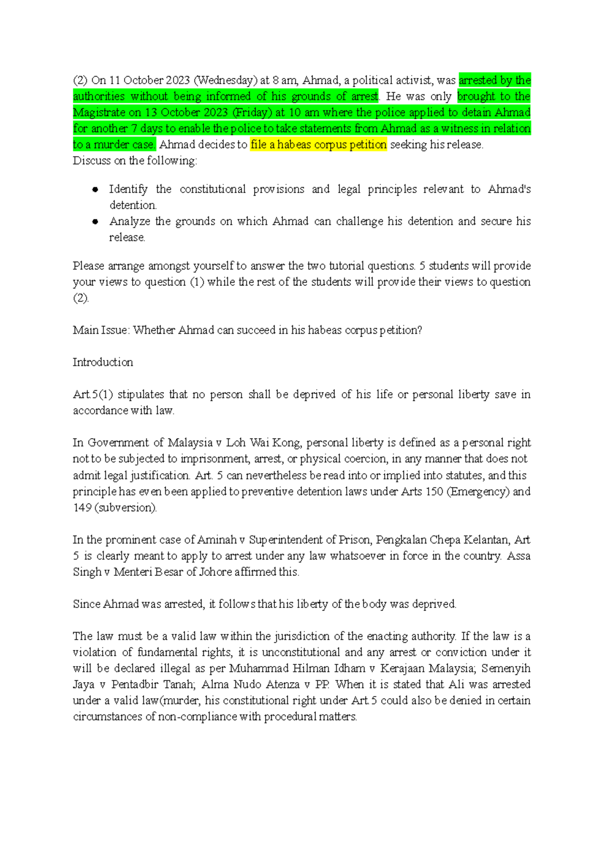 Consti Tutorial Q2 - hope it helps - (2) On 11 October 2023 (Wednesday) at 8 am, Ahmad, a ...