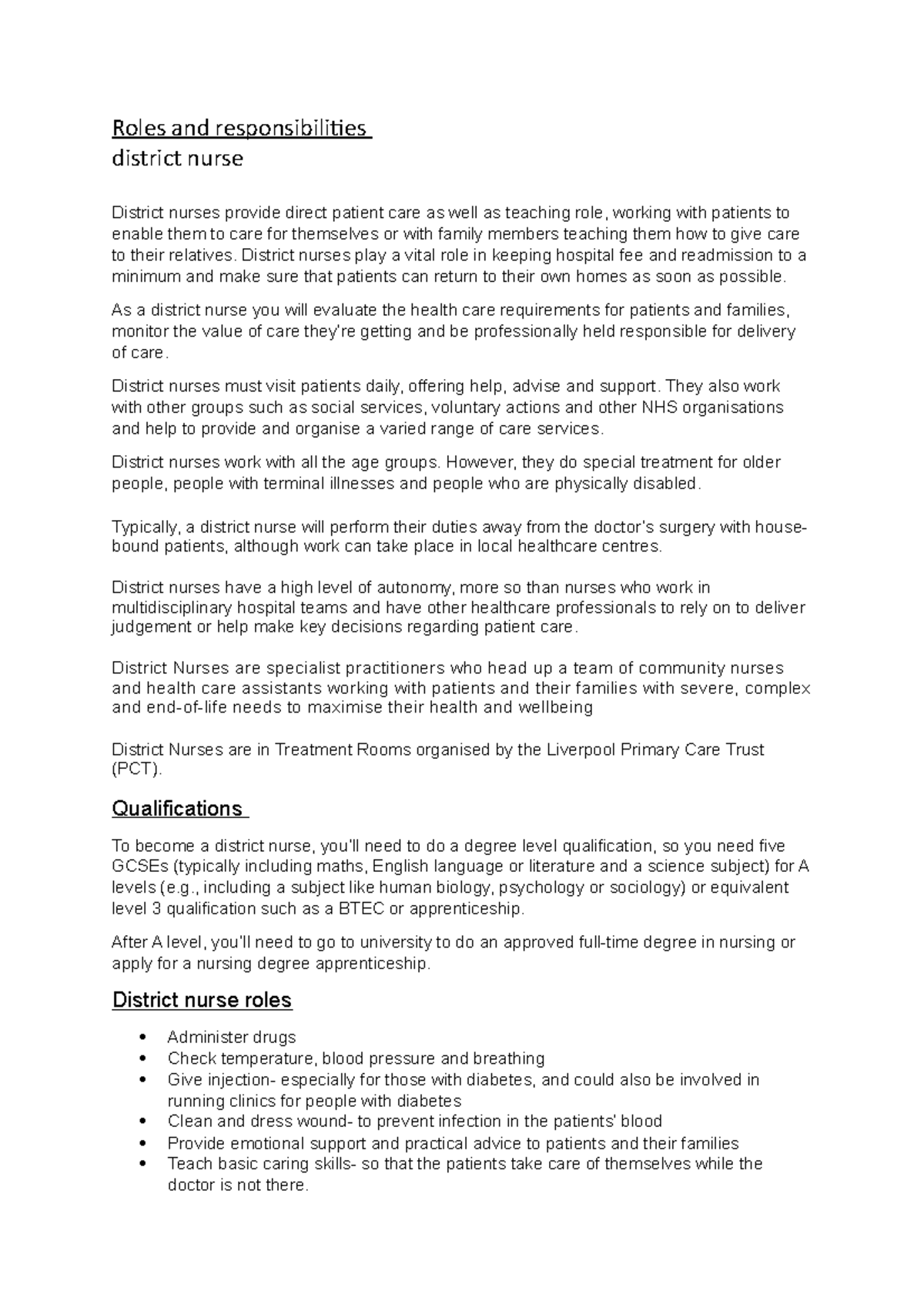 Roles and responsibilities. district nurse - Roles and responsibilities ...