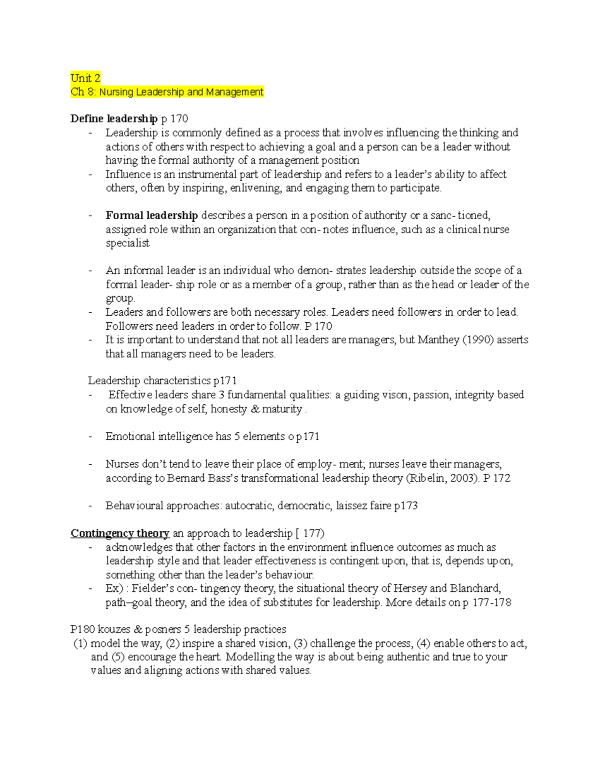 432 clas cont notes - Unit 2 Ch 8: Nursing Leadership and Management ...