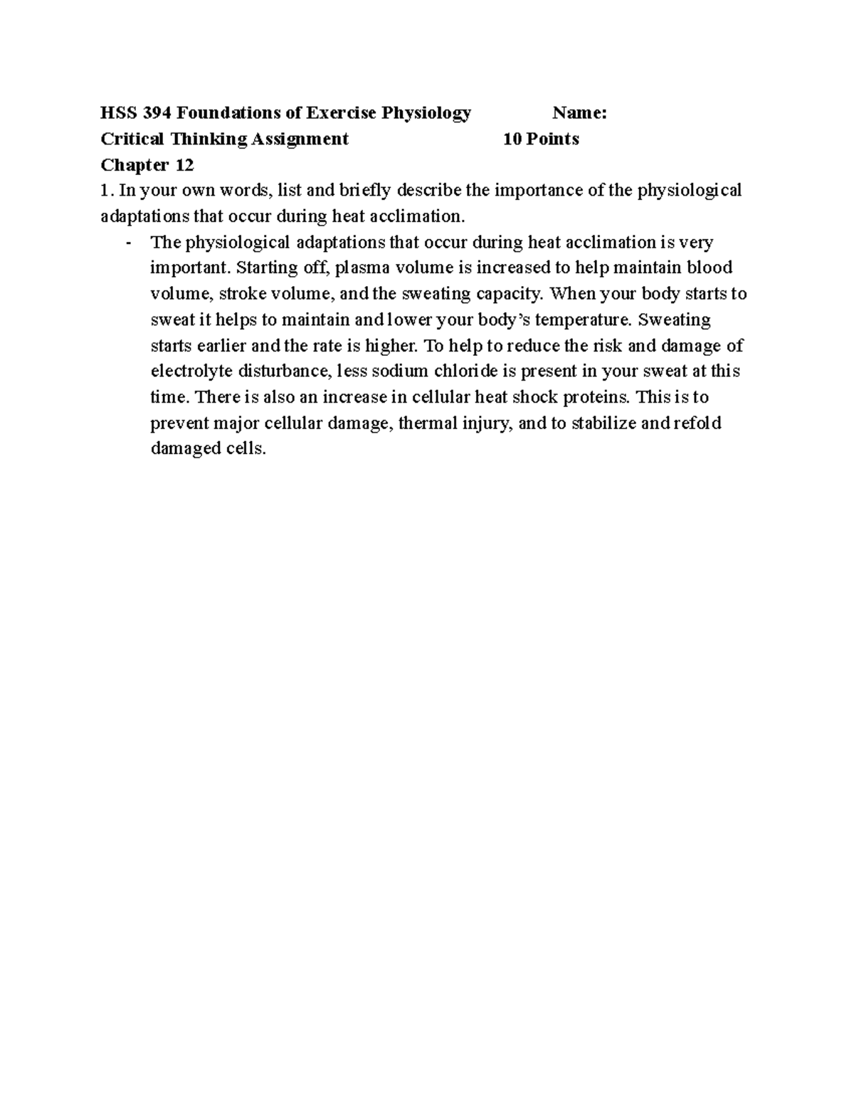 Ch. 12 Critical Thinking - HSS 394 Foundations of Exercise Physiology ...
