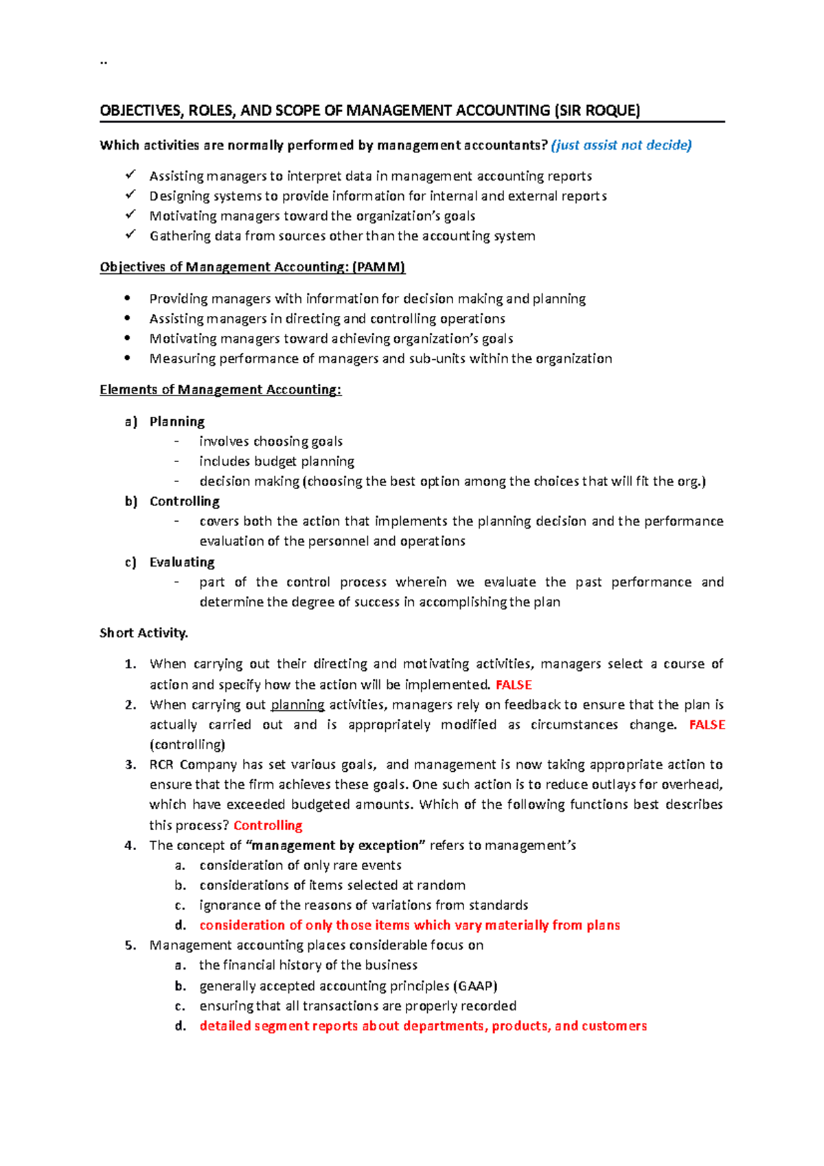 SCM Notes - OBJECTIVES, ROLES, AND SCOPE OF MANAGEMENT ACCOUNTING (SIR ...