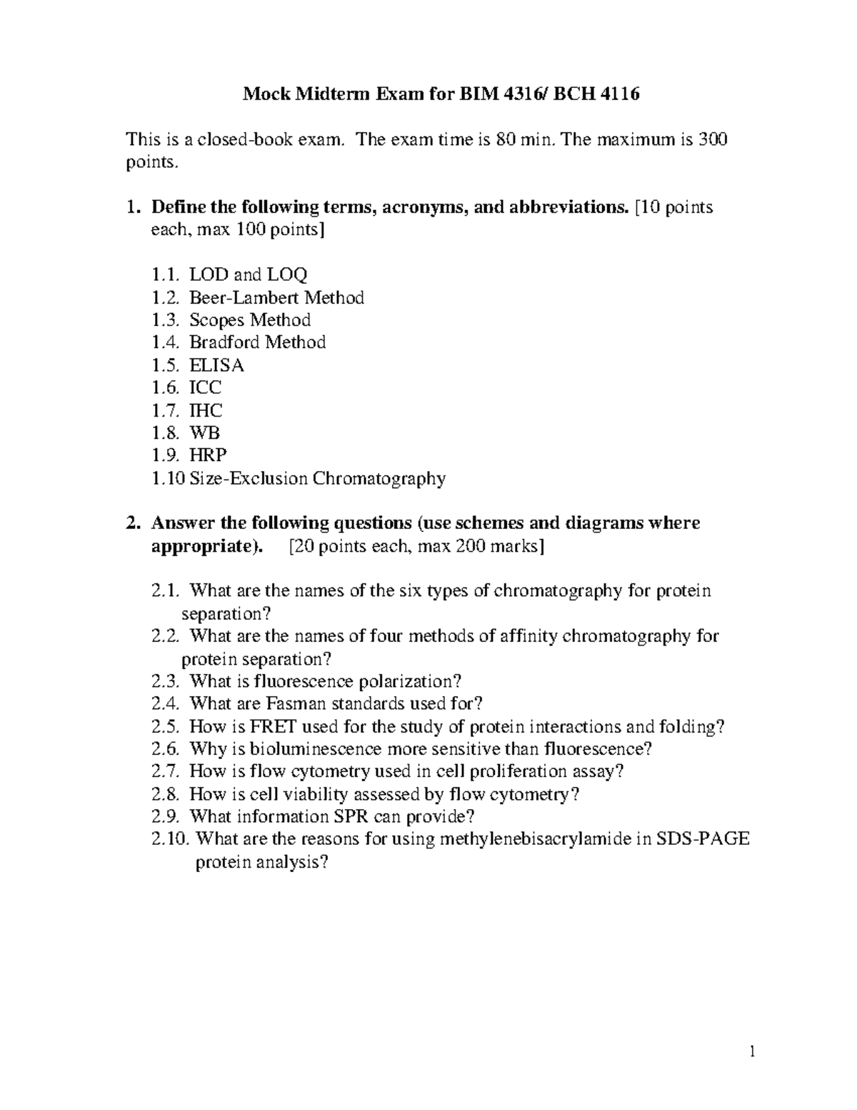 Mock Midterm Exam BIM4316-BCH4116 - 1 Mock Midterm Exam for BIM 4316 / BCH 4116 This is a - Studocu
