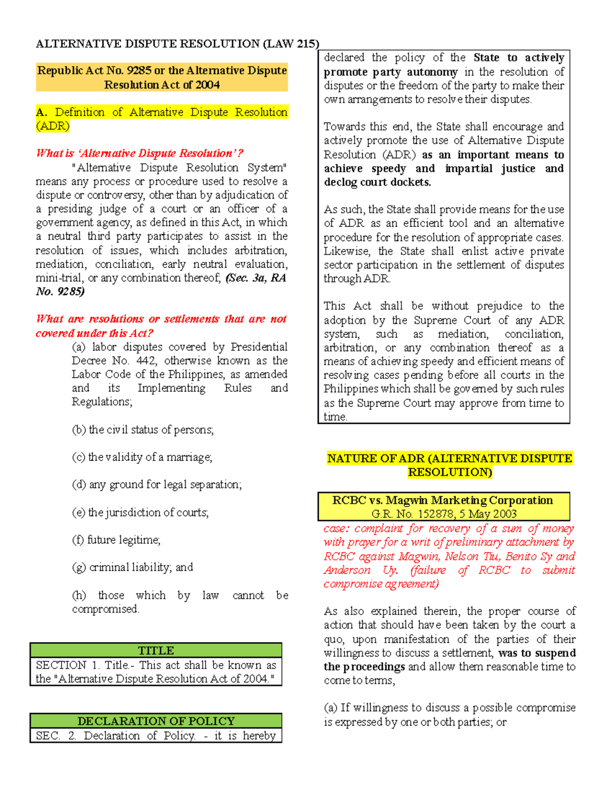 Republic Act No 9285 tsn - ALTERNATIVE DISPUTE RESOLUTION (LAW 215 ...