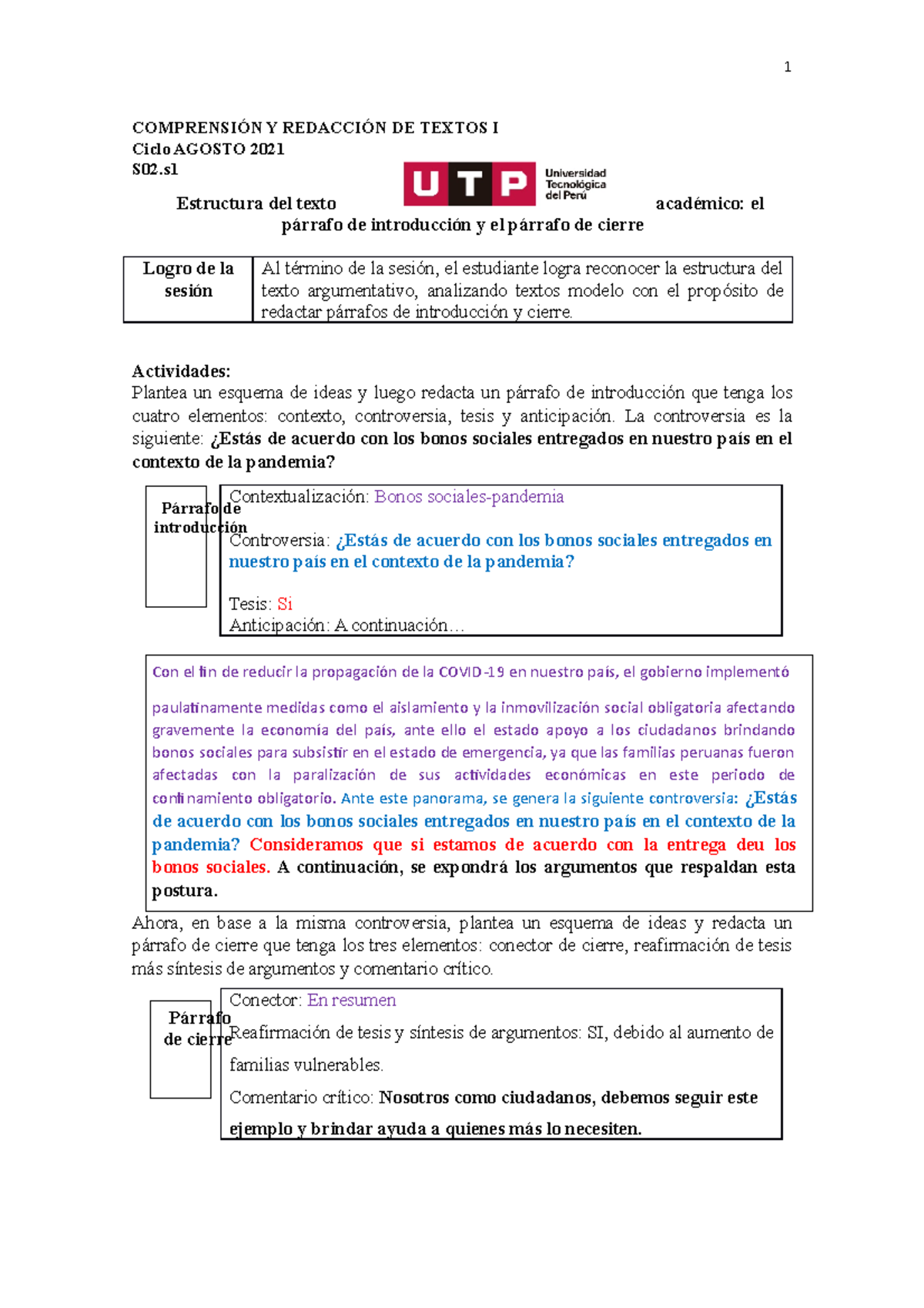 S02.s1- Agosto Párrafo Introducción y cierre - 1 COMPRENSIÓN Y ...