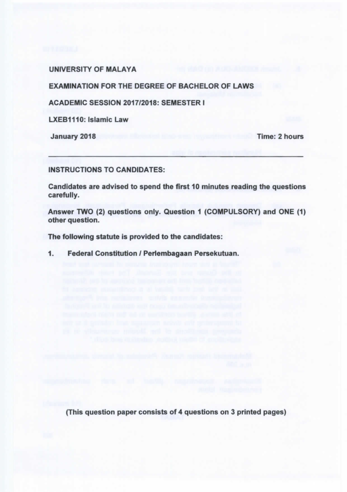 Past Exam Paper 2018 - UNIVERSITY OF MALAYA EXAMINATION FOR THE DEGREE ...