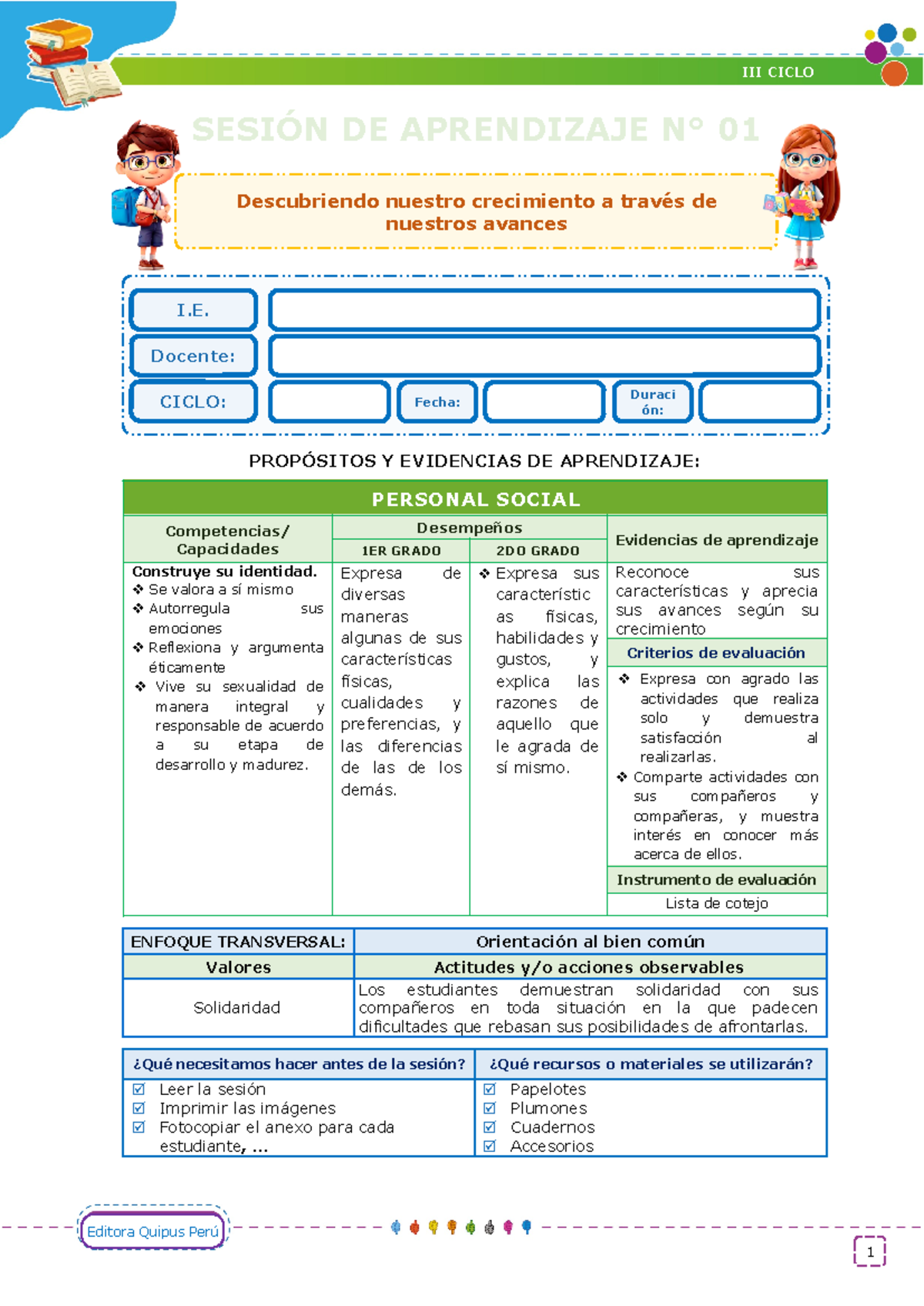 2024 - Sesiones de aprendizaje - Editora Quipus Perú SESIÓN DE APRENDIZAJE N° 01 PROPÓSITOS Y ...