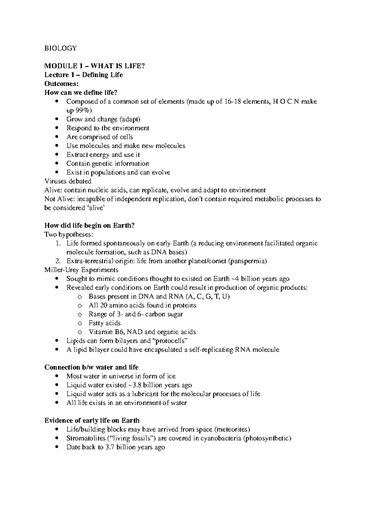 BIOL10008 - Lectures notes - BIOLOGY MODULE 1 – WHAT IS LIFE? Lecture 1 ...