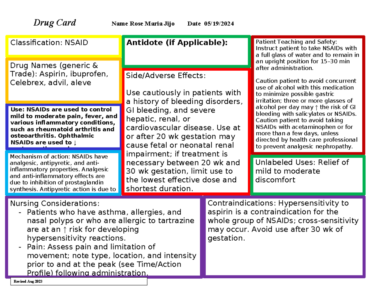 Grud card Nsaids - none - Drug Card Name Rose Maria Jijo Date 05/19 ...