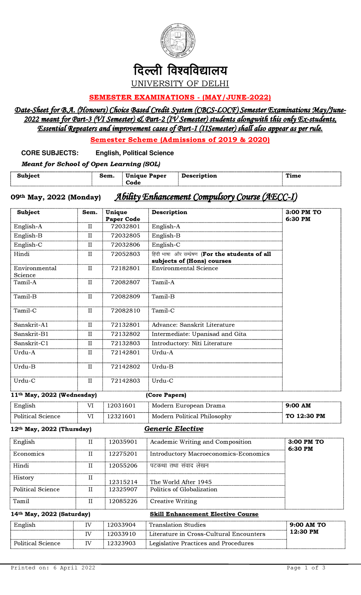 B.A. Hons. 2022-SEM.-II-IV -VI CBCS - Printed on: 6 April 2022 Page 1 of 3 fnYyh fo’ofo|ky ...