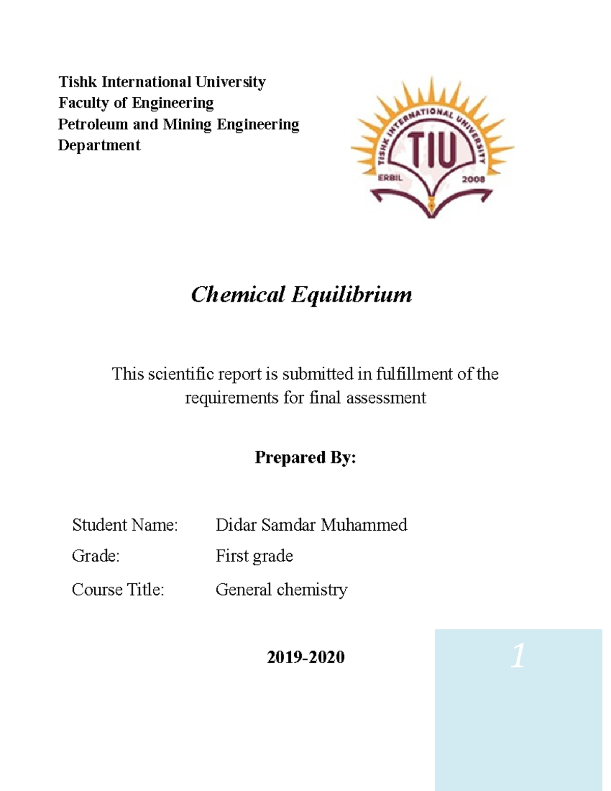 Chemical Equilibrium - 1 Tishk International University Faculty of ...