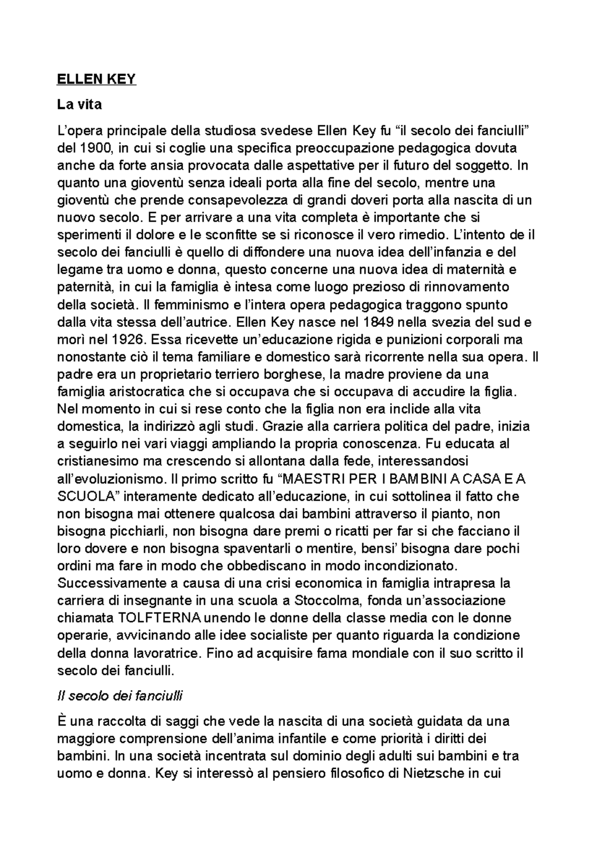 Ellen KEY - riassunto - ELLEN KEY La vita L’opera principale della ...