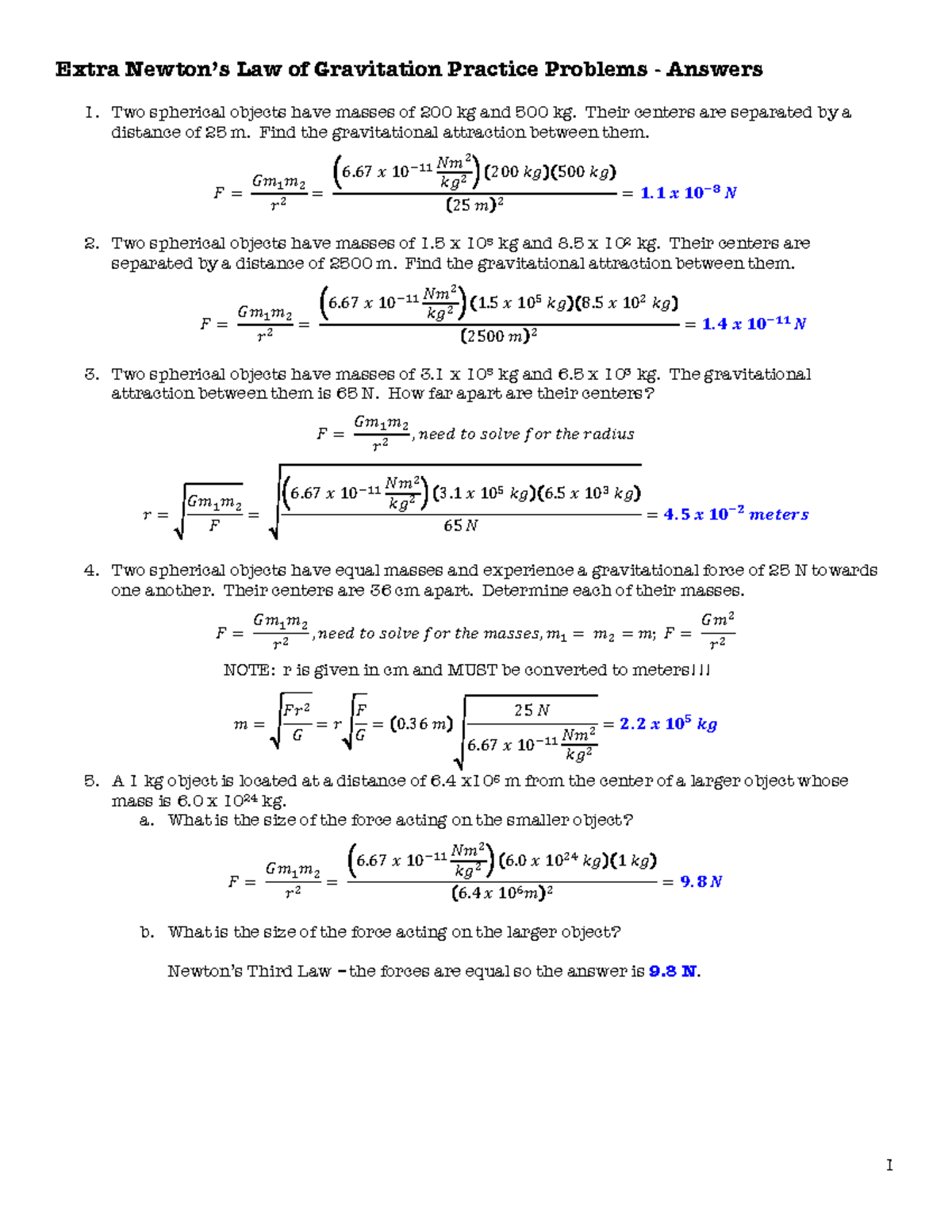 Extra Practice - Newtons Law of Universal Gravitation Answers - Extra ...