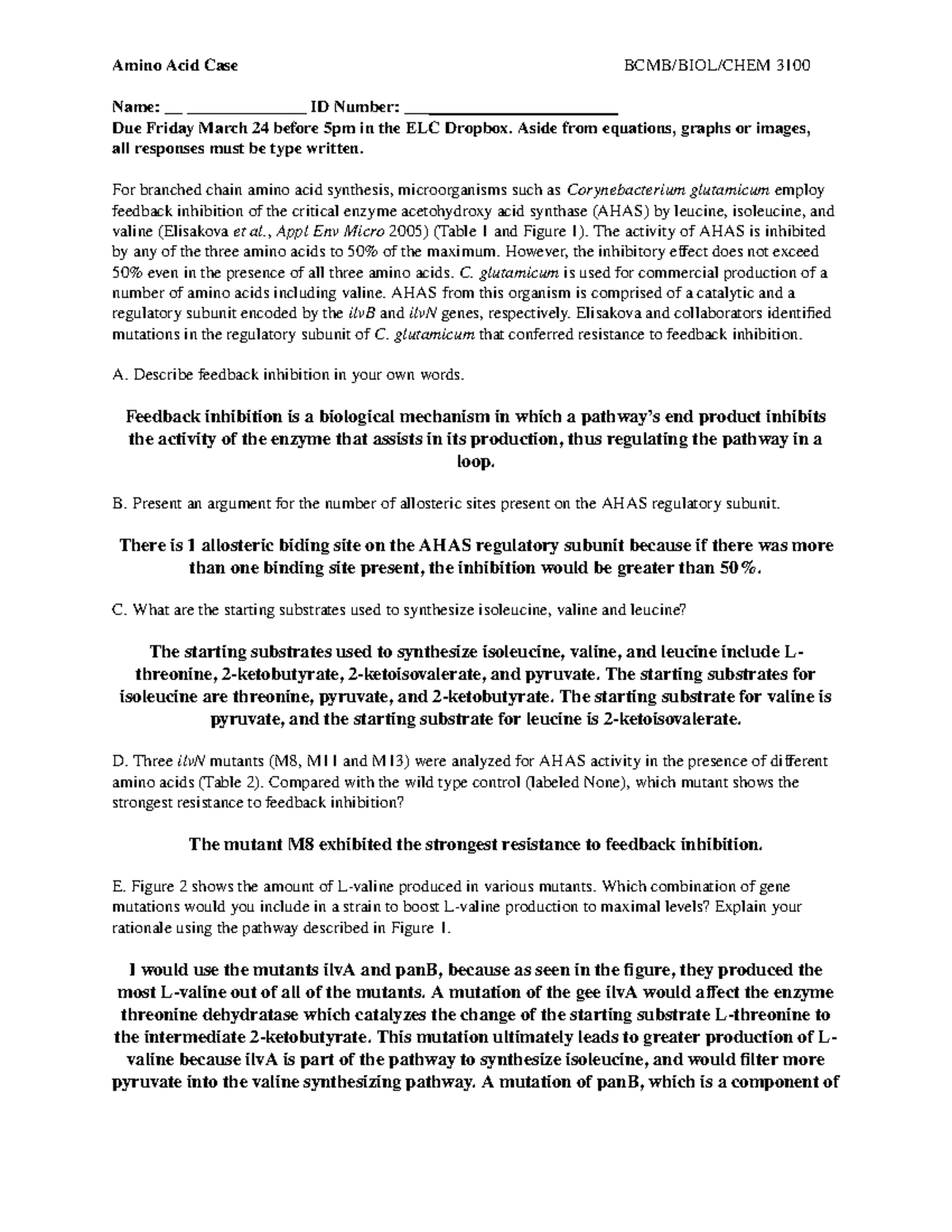 Biochem Amino Acid Case Study - Amino Acid Case BCMB/BIOL/CHEM 3100 ...