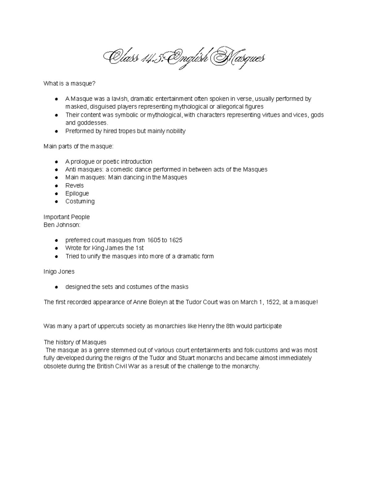 Class 14.5English masques - Class 14:English Masques What is a masque ...