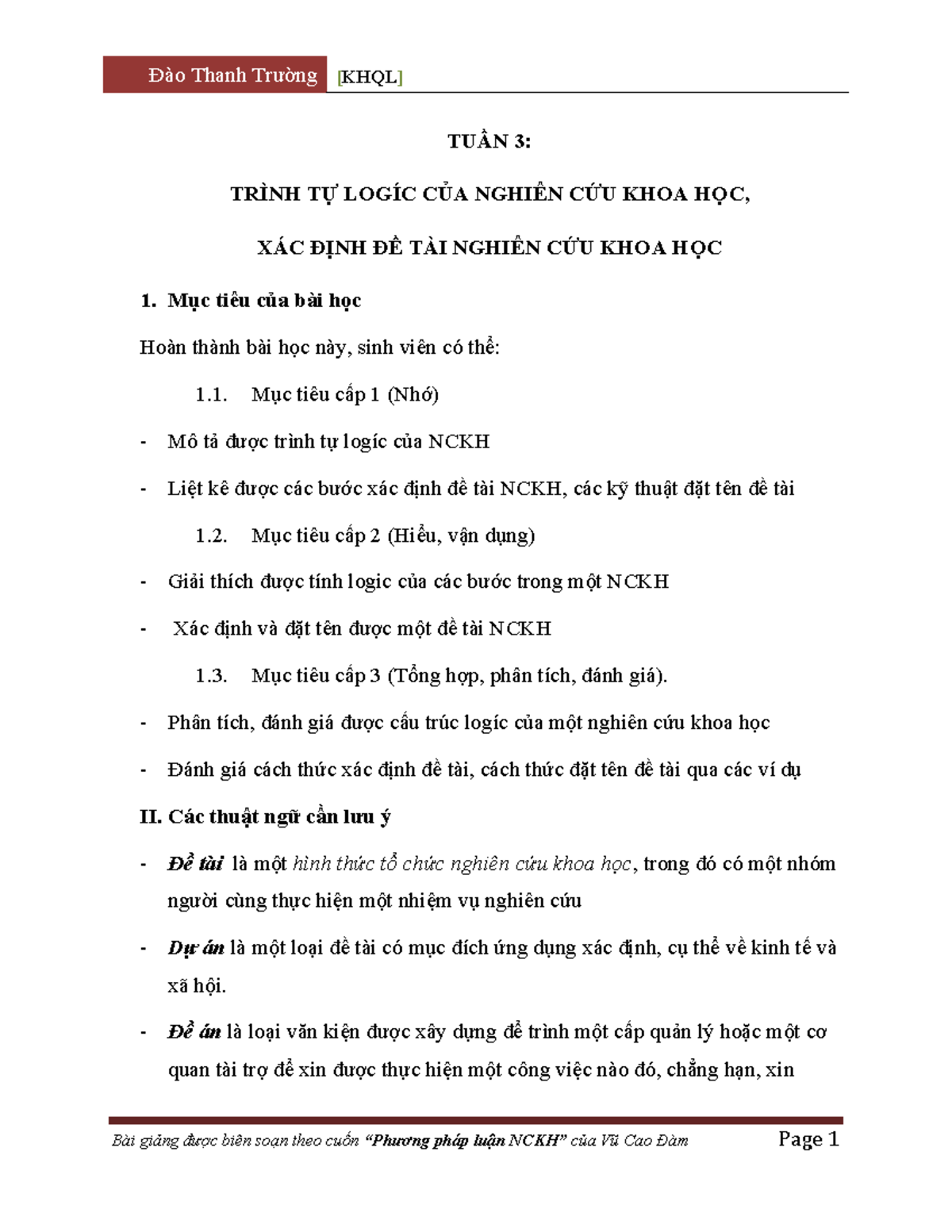 Bai giang tuan 3. DAO Thanh Truong. - TUẦN 3: TRÃNH TỰ LOGÕC CỦA NGHI N CỨU KHOA HỌC, X¡C ĐỊNH ...