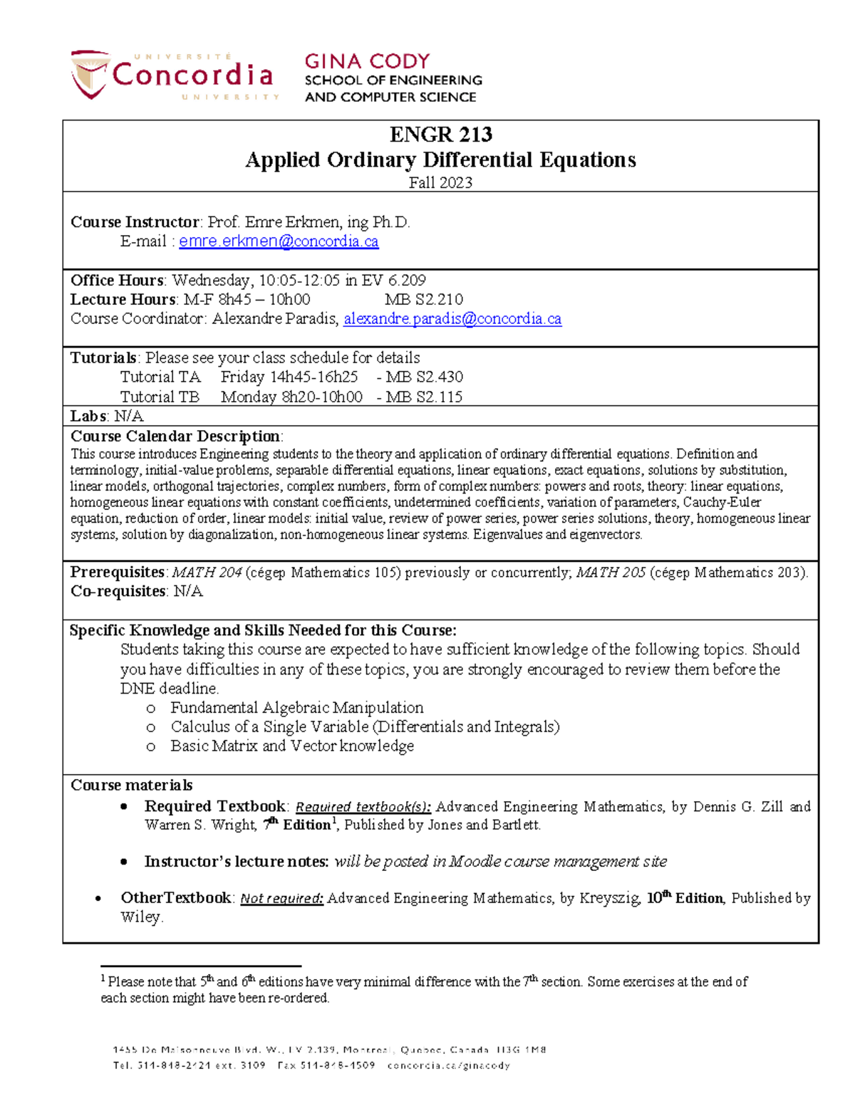Course Outline Fall 2023 New - ENGR 213 Applied Ordinary Differential Equations Fall 2023 Course ...