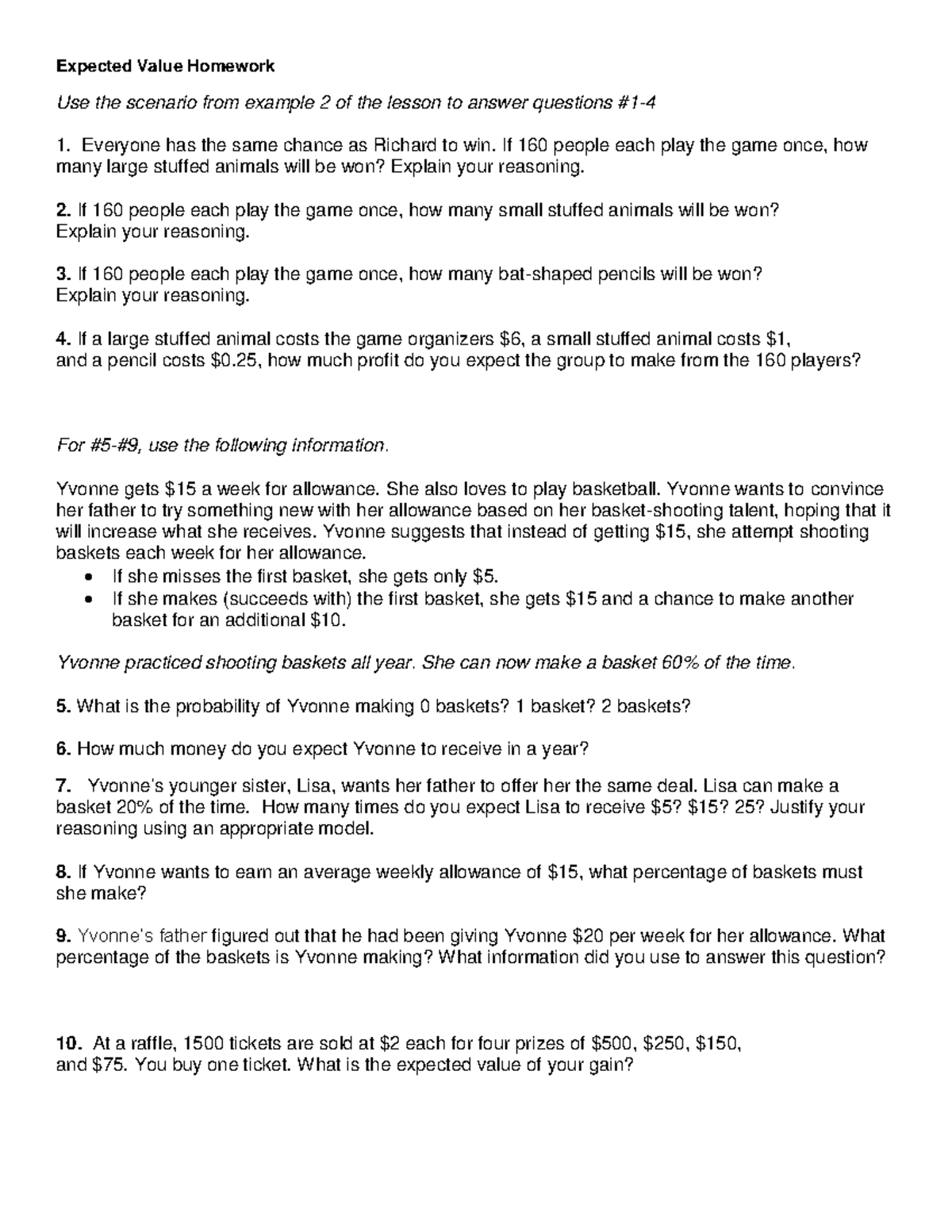 AMDM S1 Expected Value Homework - Expected Value Homework Use the ...