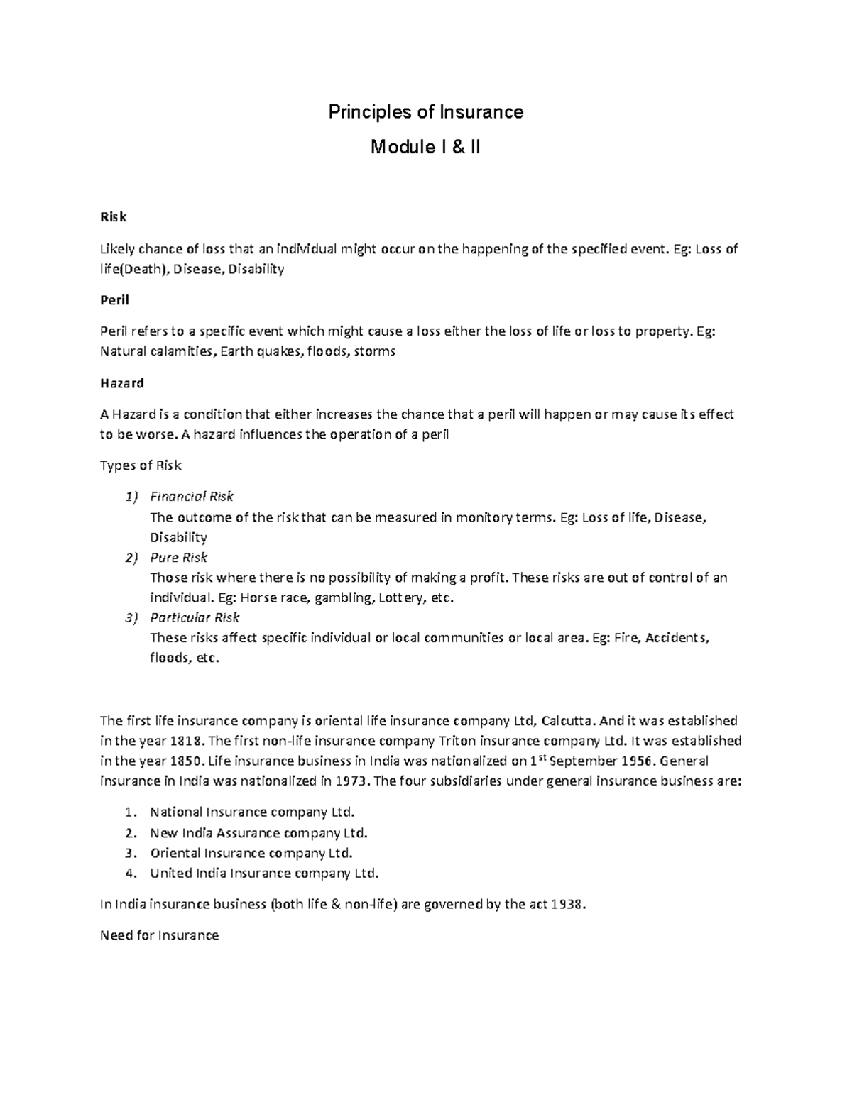 Principles of Insurance- module 1&2 - Principles of Insurance Module I ...