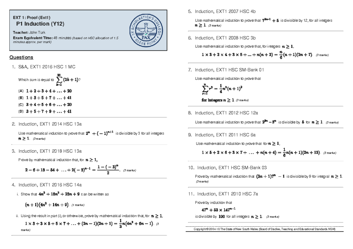 Induction Ext 1 smarter maths - 1. S&A, EXT1 2016 HSC 1 MC 2. Induction ...