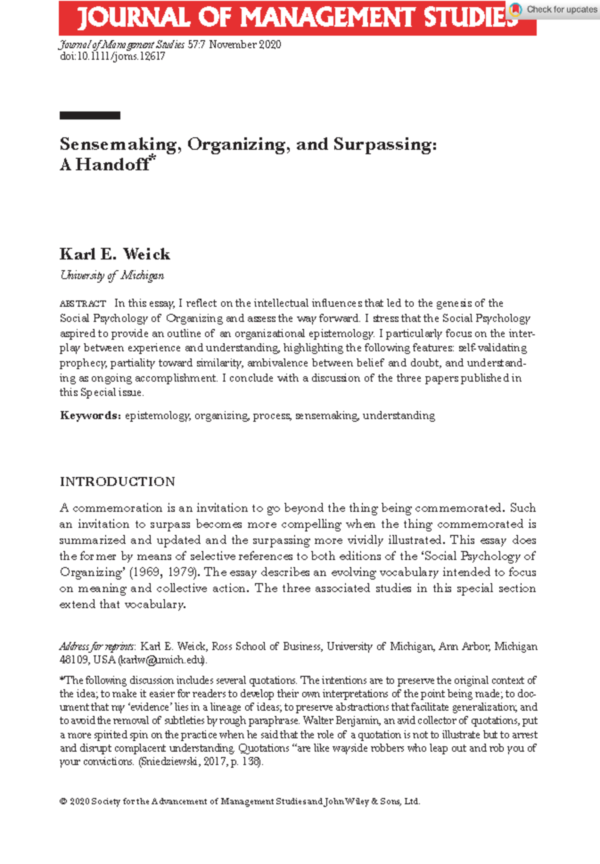 Weick 2020 - Sensemaking Organizing and Surpassing A Handoff ...