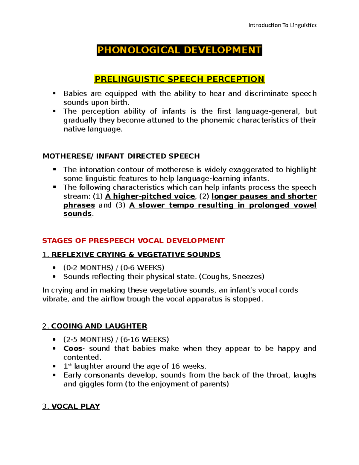 Introduction to Linguistic Phonological Development Prelinguistic Speech Perception ...