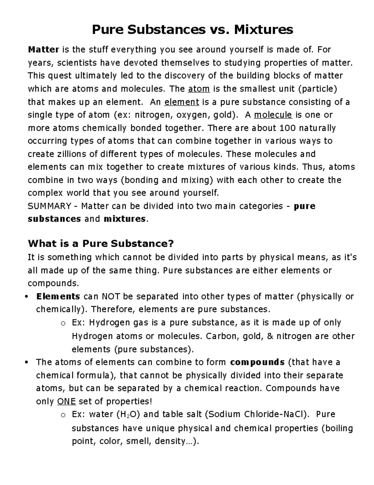 Pure substances and mixtures Notes - Pure Substances vs. Mixtures ...