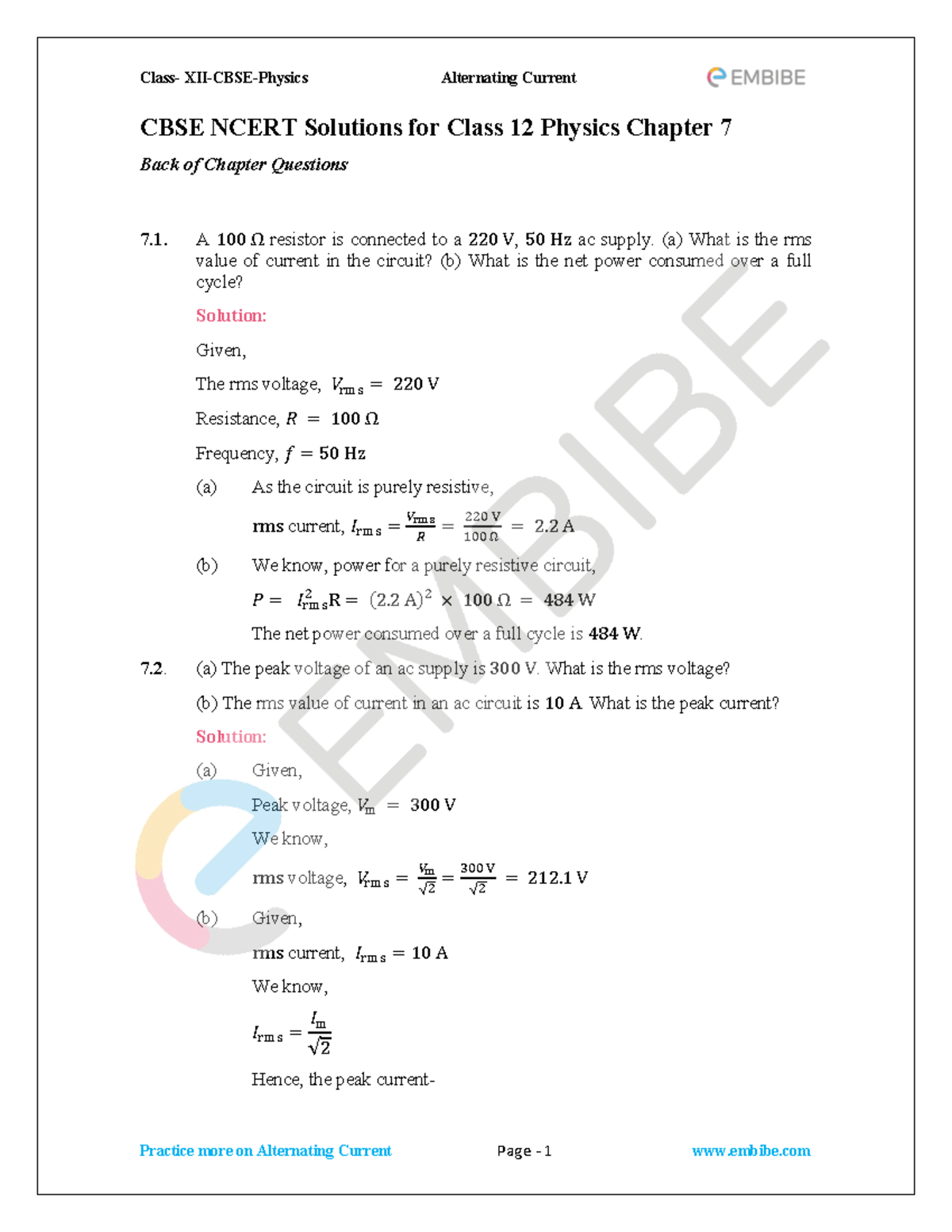 Intext solutions - CBSE NCERT Solutions for Class 12 Physics Chapter 7 ...